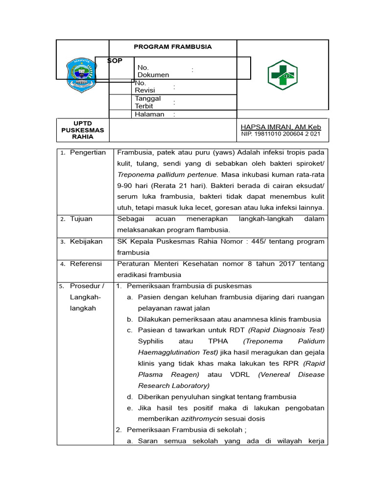 SOP Program Frambusia Puskesmas | PDF