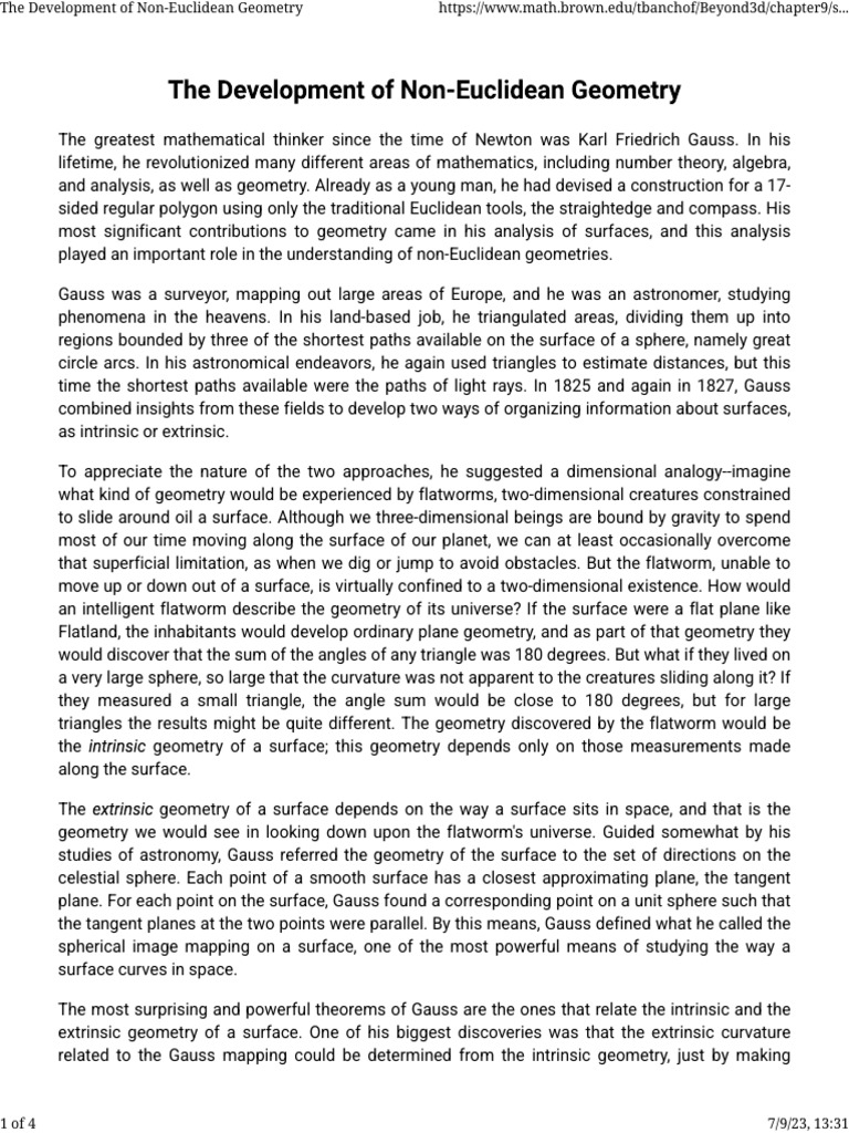 The Development of Non-Euclidean Geometry | PDF | Sphere | Triangle