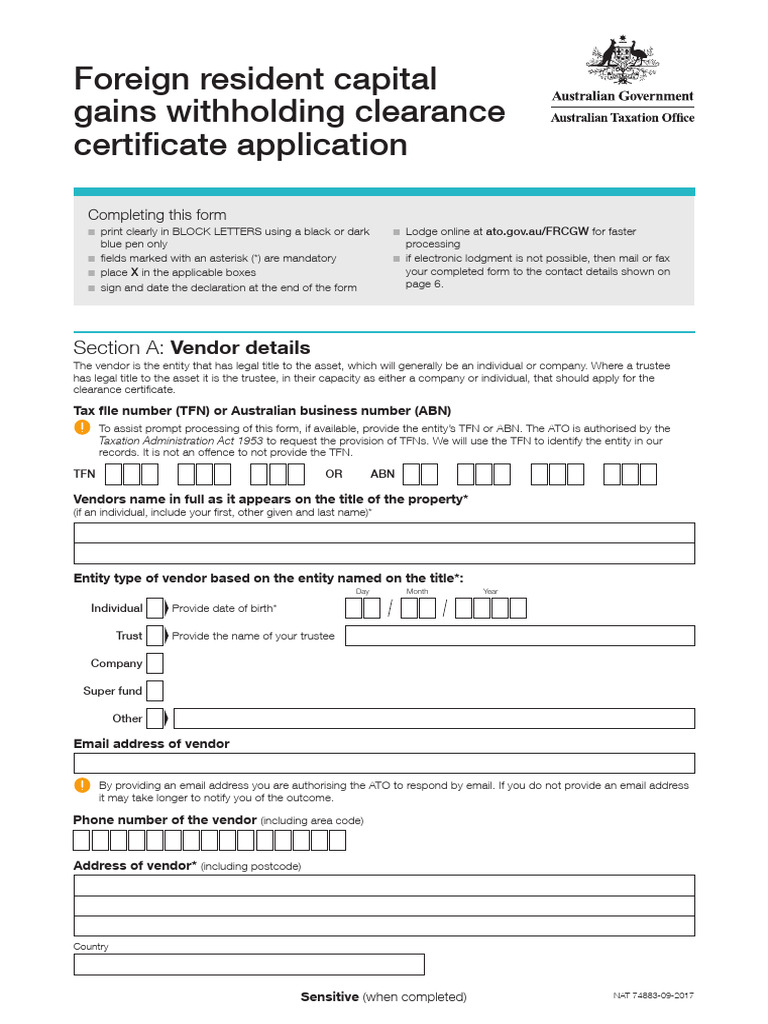 Foreign Resident Capital Gains Withholding Clearance Certificate Application | PDF | Trust Law ...