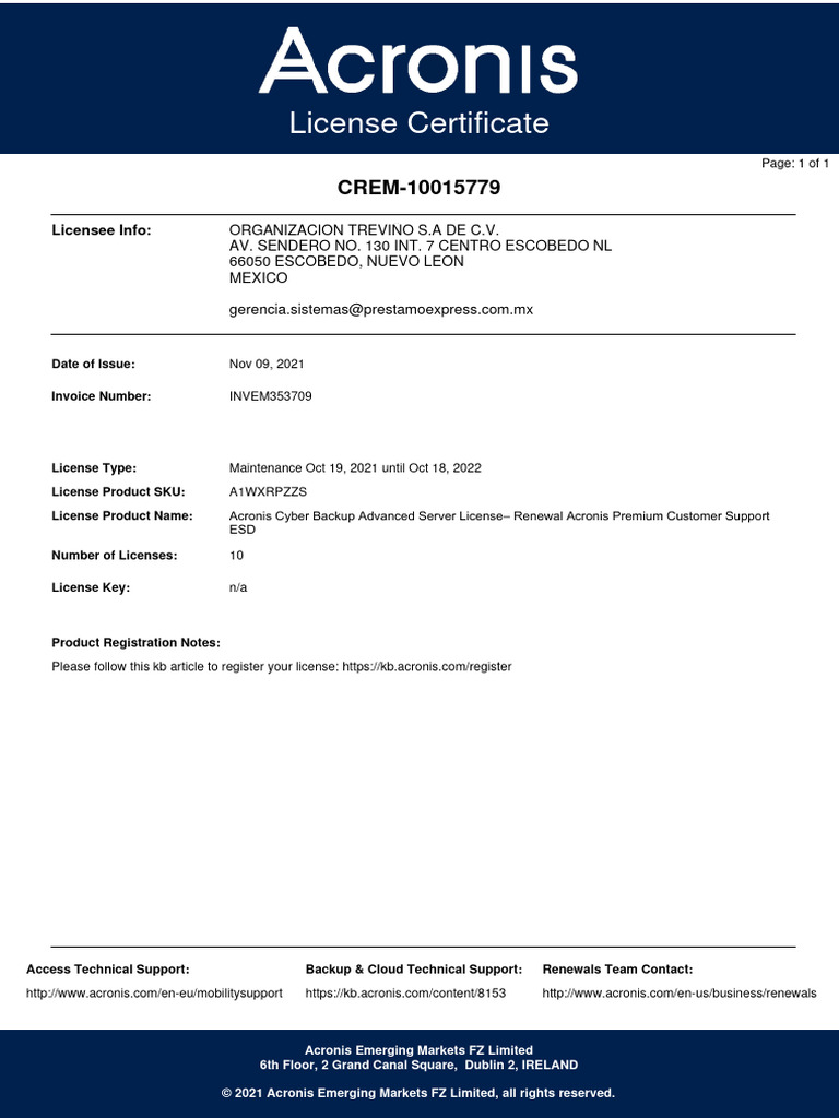 Acronis Cyber Backup License Certificate | PDF