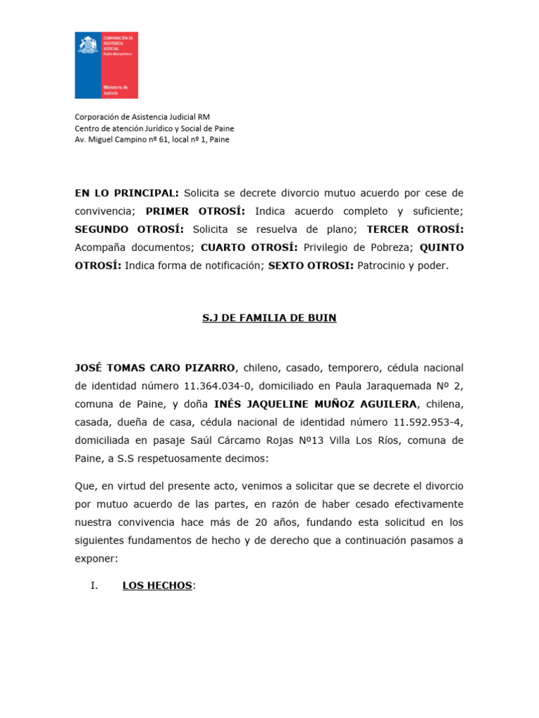 Borrador Demanda Divorcio Mutuo Acuerdo Jose E InÉs Revisado Pdf
