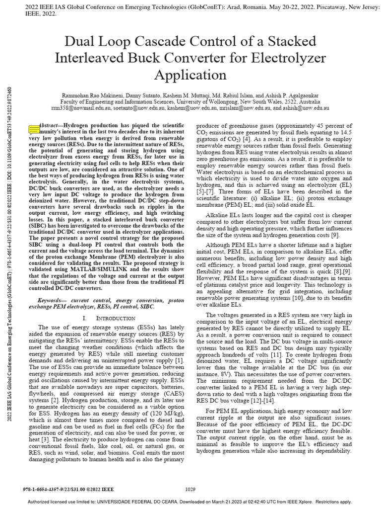 IEEE - Dual Loop Cascade Control of A Stacked Interleaved Buck Converter For Electrolyzer ...