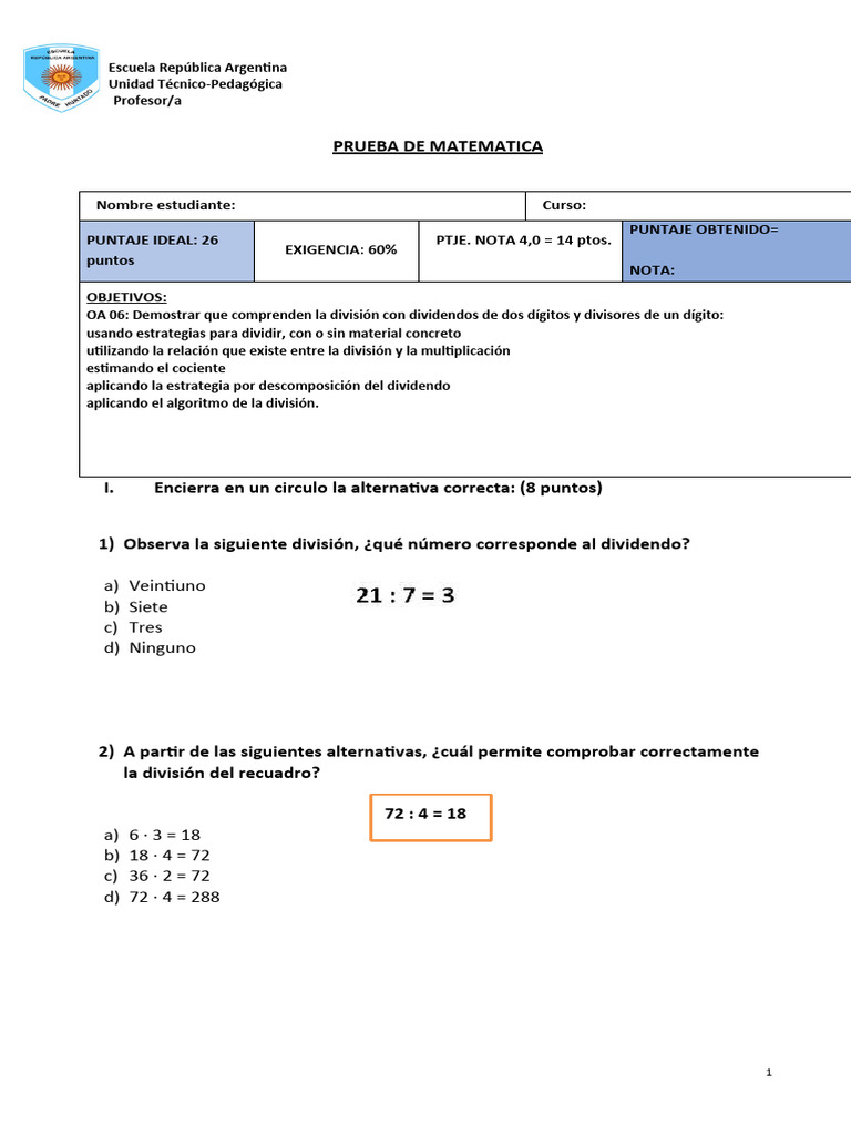 Prueba de Division.4°basico.2023 | PDF | División (Matemáticas ...