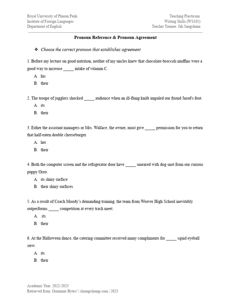 Pronoun Agreement-Homework | PDF