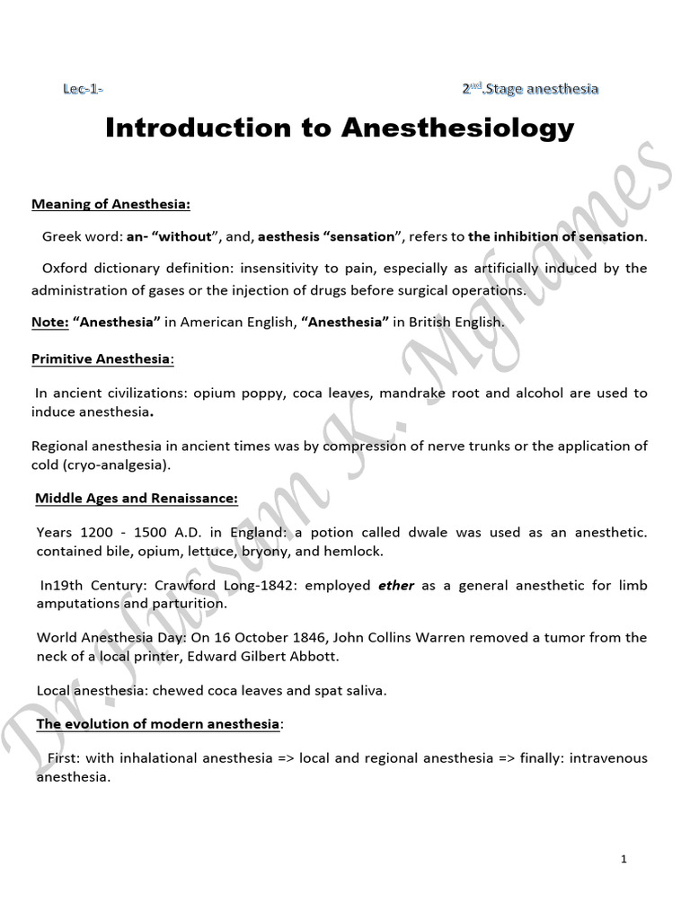 Introduction To Anesthesiology | PDF