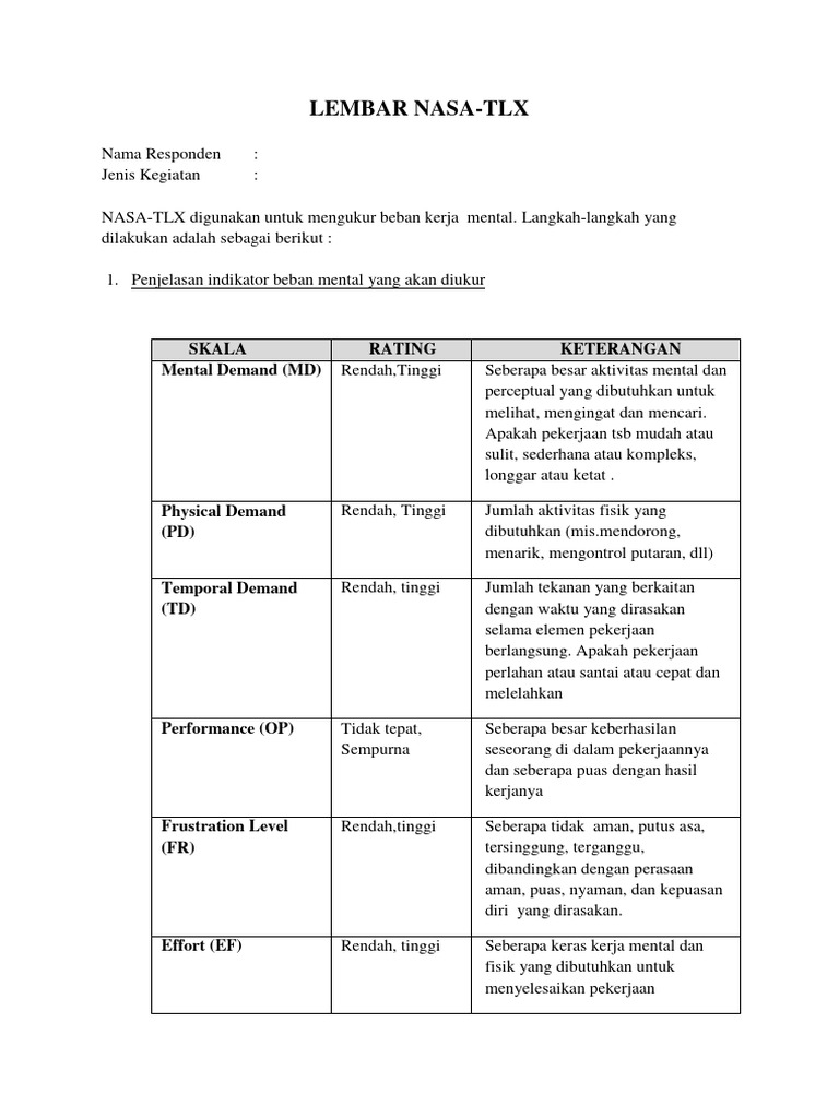 Lembar Nasa TLX | PDF