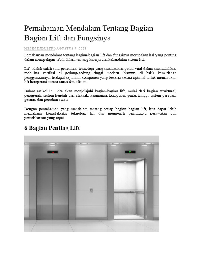 Pemahaman Mendalam Tentang Bagian Bagian Lift Dan Fungsinya | PDF