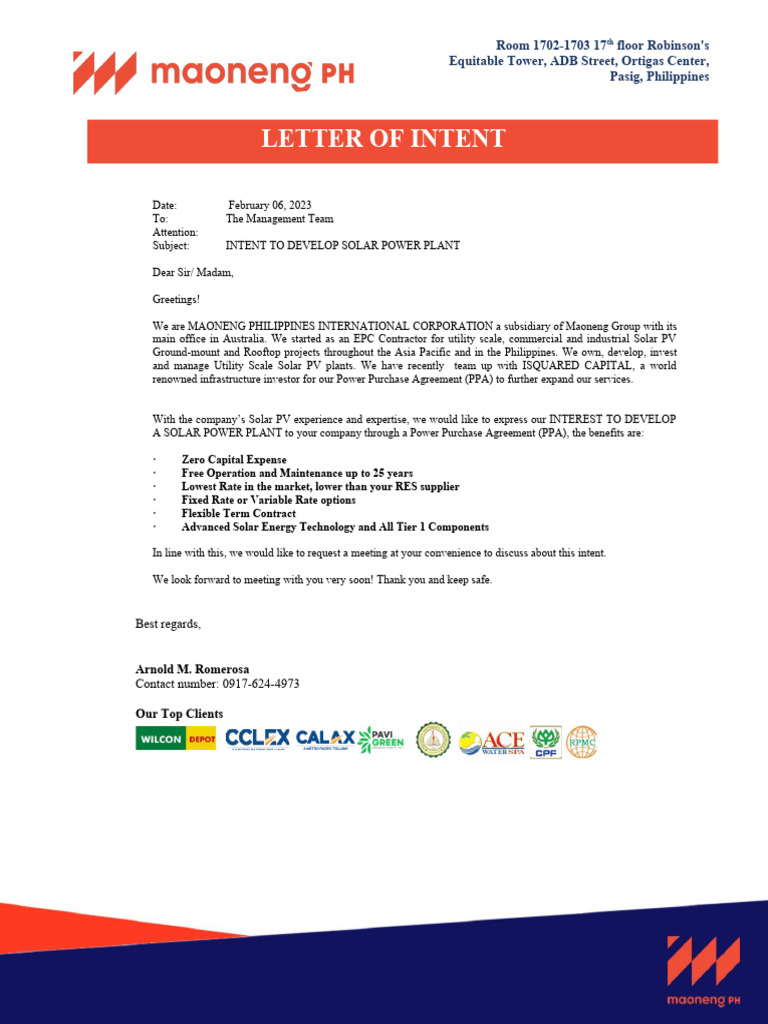 Intent to Develop Solar Power Plant | PDF