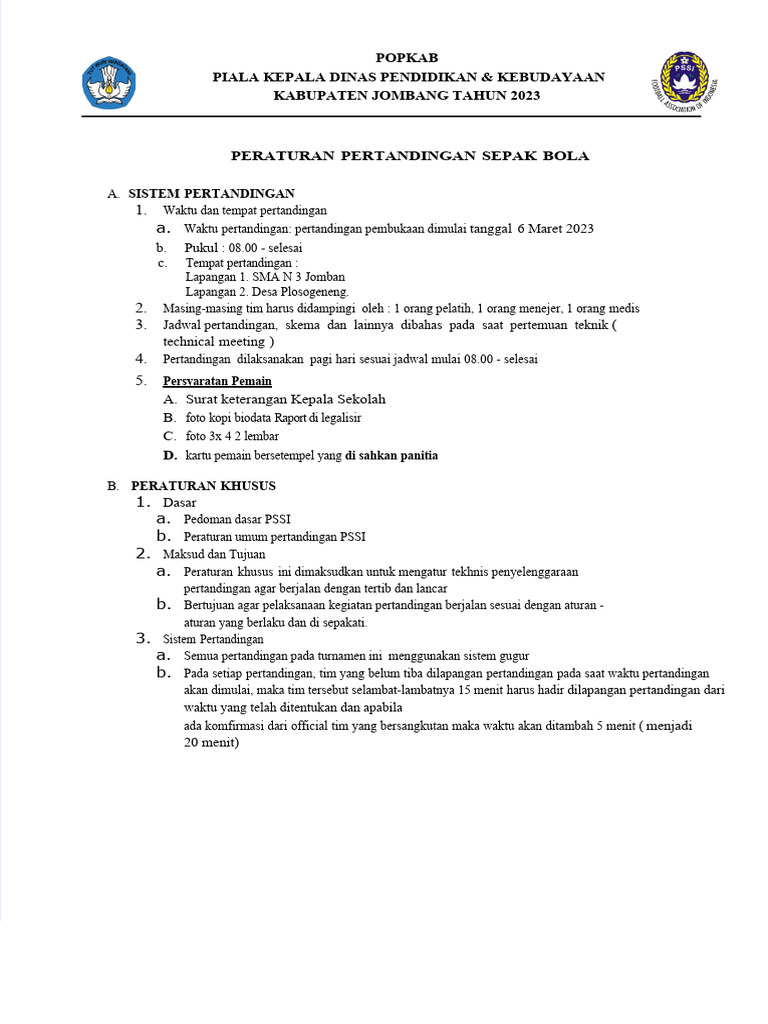 Peraturan Pertandingan Popkab Sepak Bola 2023 | PDF