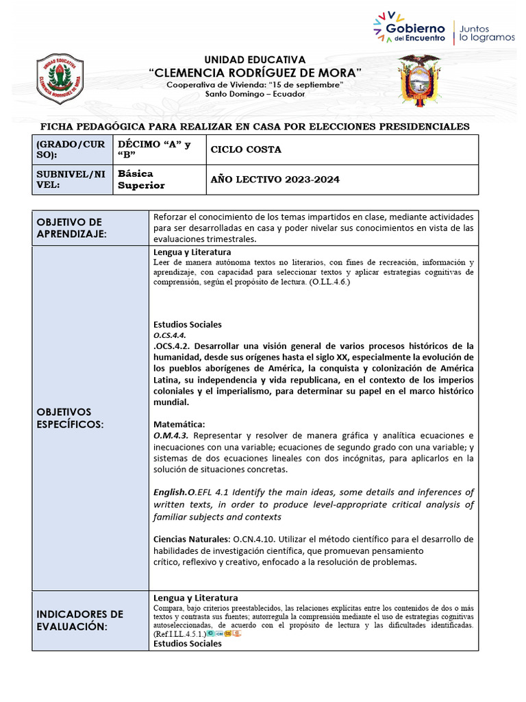 FICHA PEDAG. - DÉCIMO - AB - 12 - 16 Oct.2023 | PDF | Ecuaciones | Demografía