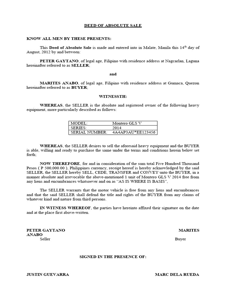 Deed of Absolute Sale - Personal Property | PDF