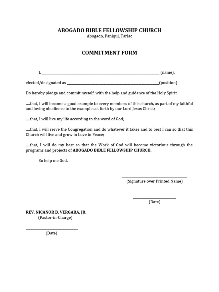 ABOGADO BIBLE FELLOWSHIP CHURCH Commitment Form | PDF