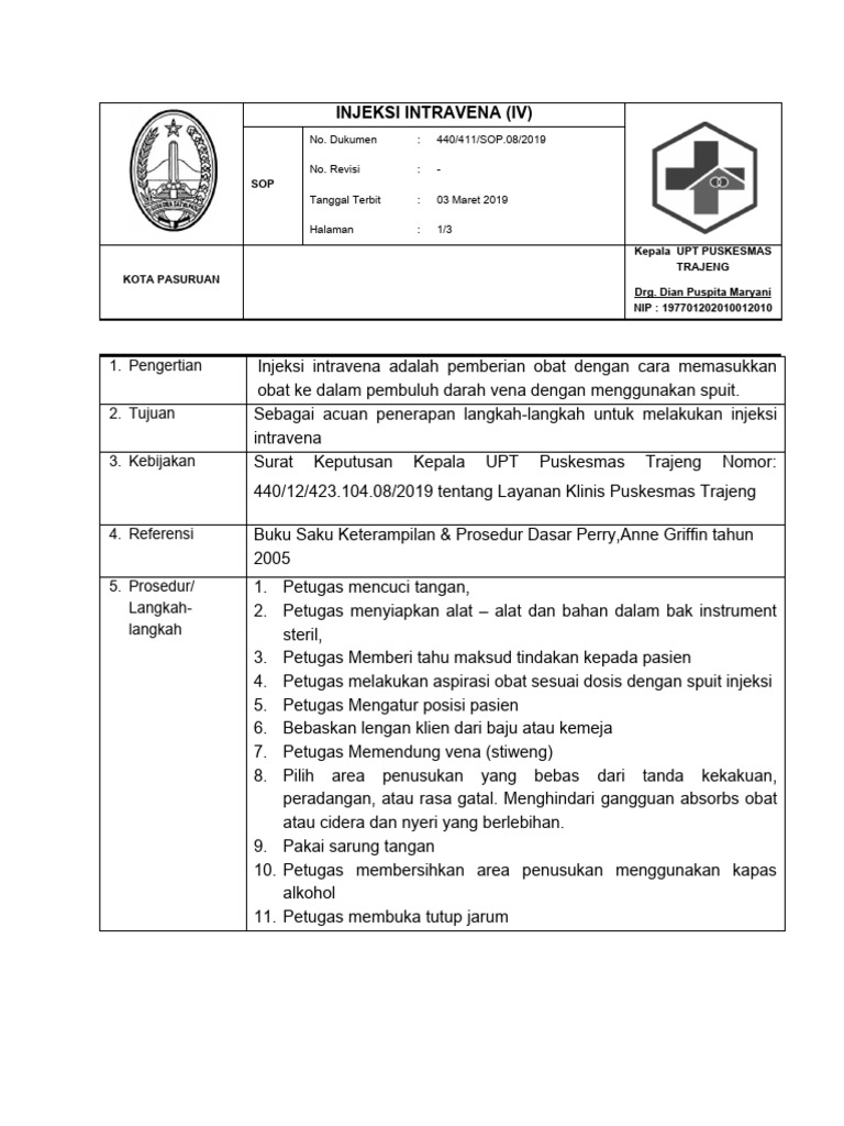 Sop Injeksi Intravena (IV) | PDF