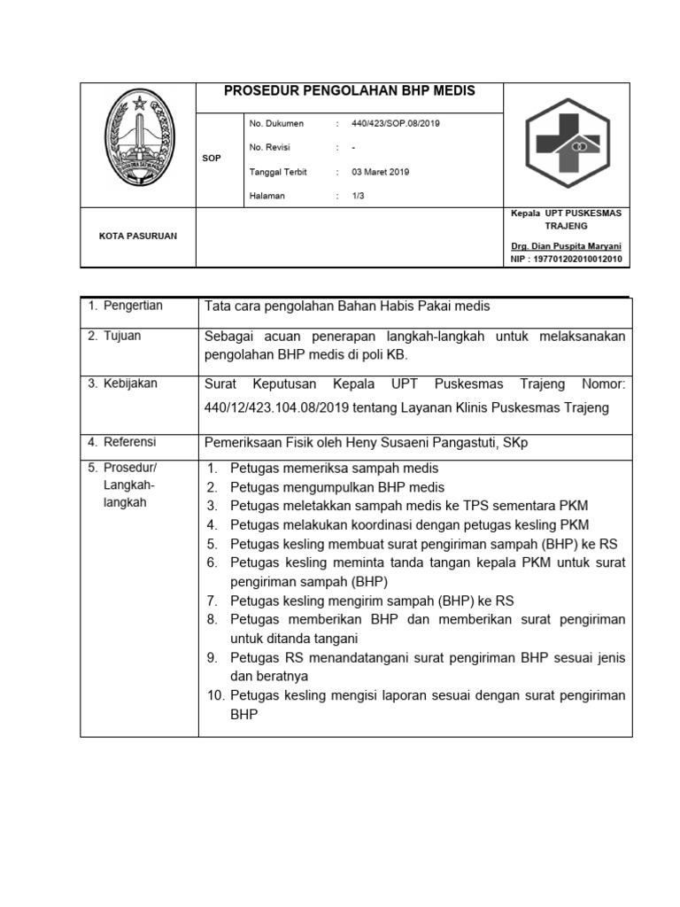 Sop Prosedur Pengolahan BHP Medis | PDF
