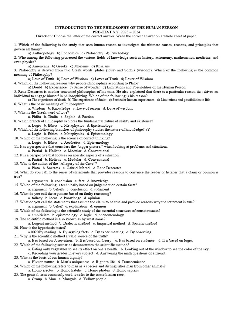 Intro To Philo Pre Test Pdf