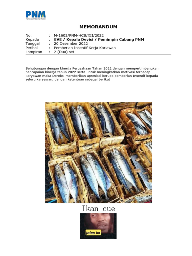 Memo Kebijakan Pemberian Insentif Kinerja Karyawan Tahun 2022 | PDF