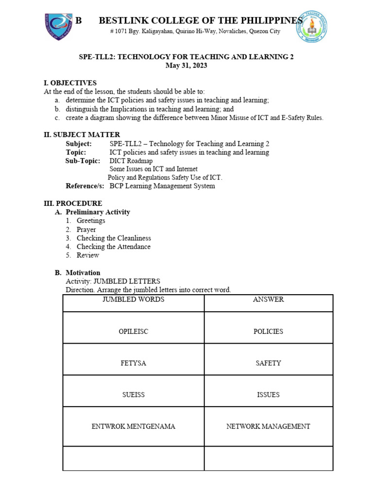 Spe Ttl2 Lesson Plan Pdf Educational Technology Learning 