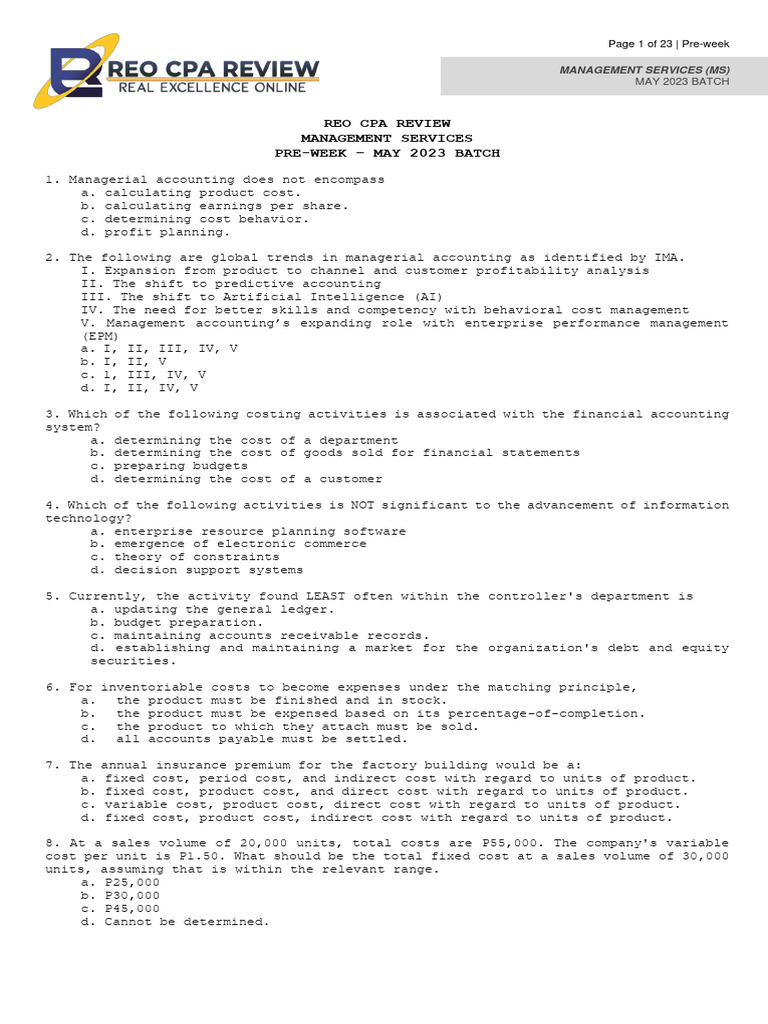 Reo Cpa Review Management Services Pre-Week - May 2023 Batch | PDF ...