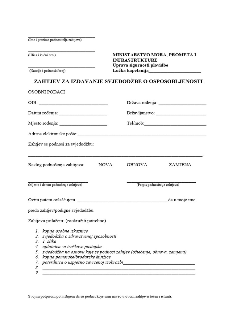 Zahtjev Za Izdavanje Svjedodzbe 12-4 - 22 | PDF