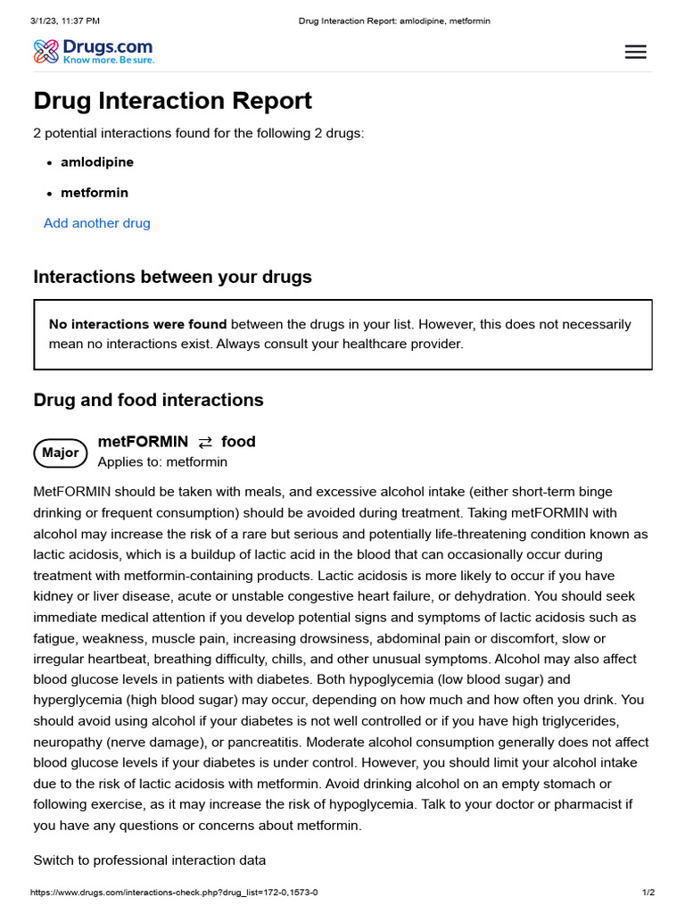 Drug Interaction Report - Amlodipine, Metformin | PDF