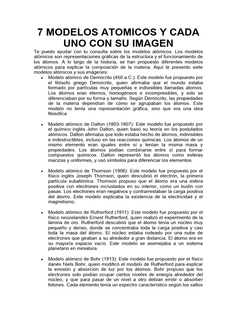 7 Modelos Atomicos y Cada Uno Con Su Imagen | PDF | Átomos | Electrón