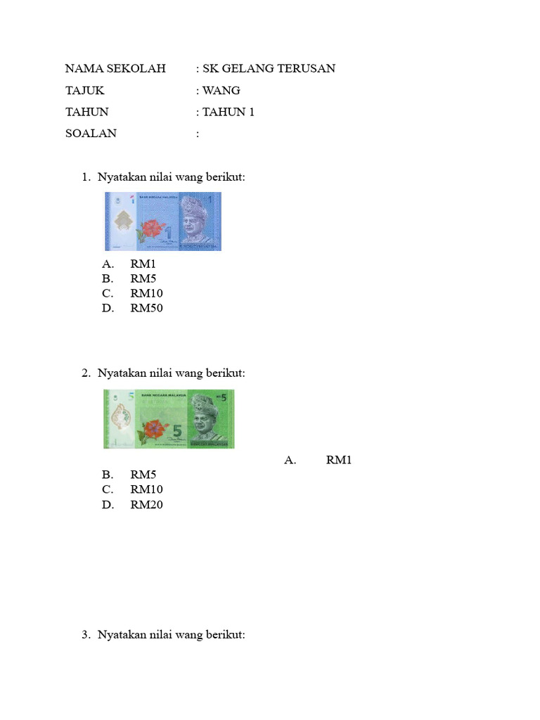 Soalan Latihan Wang Tahun 1 | PDF