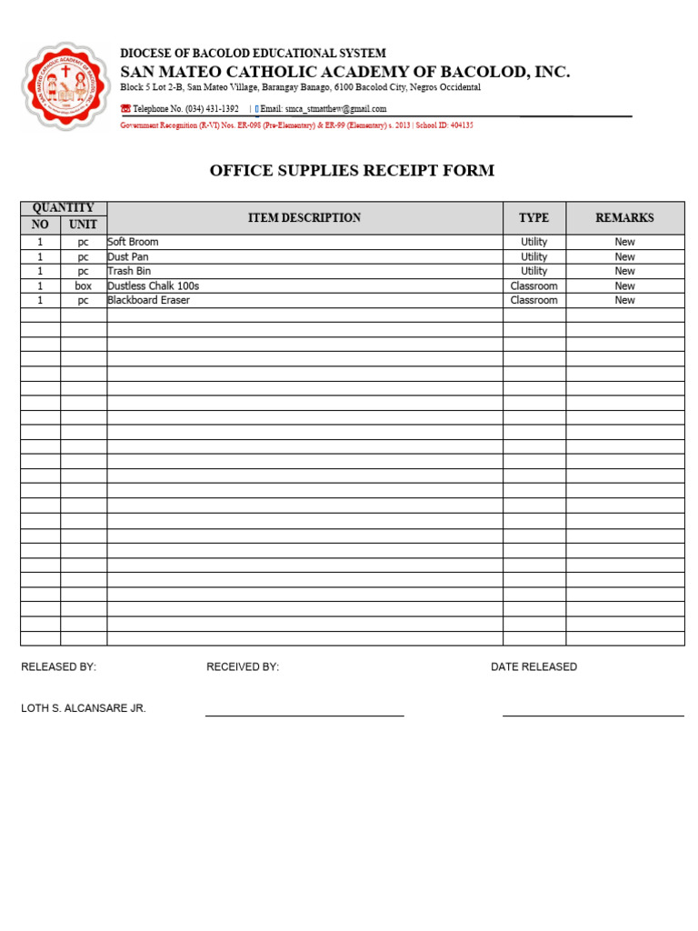 Equipment Receipt Form | PDF