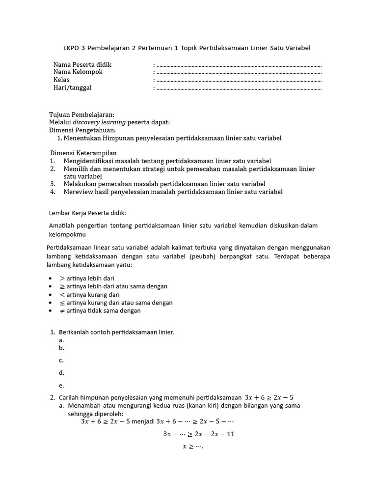 LKPD 3 Pembelajaran 2 Pertemuan 1 Topik Pertidaksamaan Linier Satu Variabel | PDF