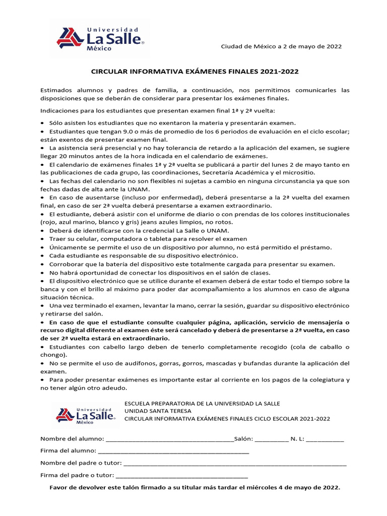 Circular Informativa Exámenes Finales 2021-2022 | PDF