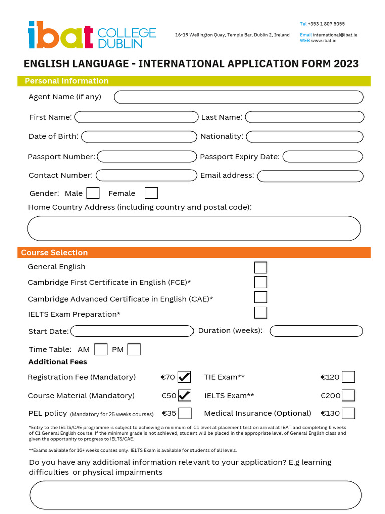 IBAT College Dublin Application Form | PDF | International English ...
