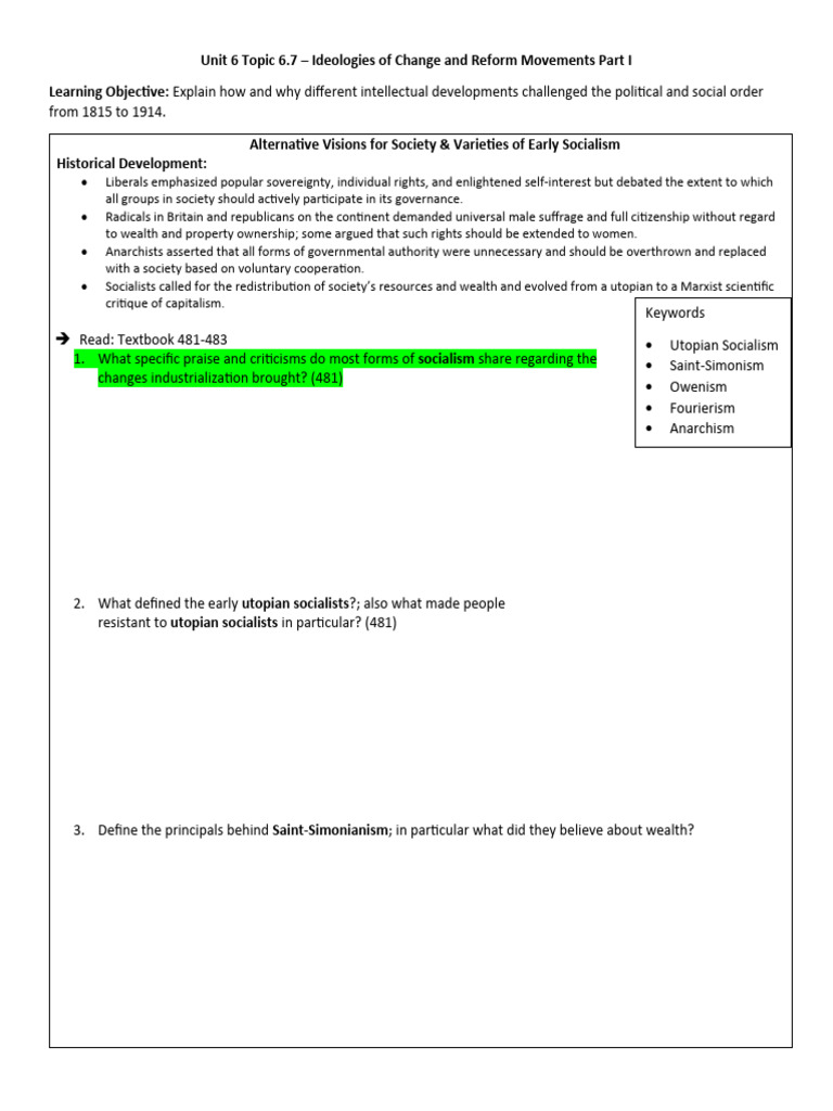 Unit 6 Topic 6.7 - Ideologies of Change and Reform Movements Part I ...