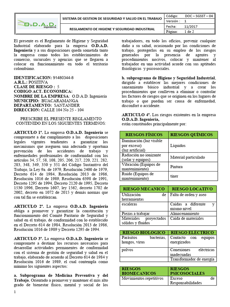 DOC-SGSST-04-O1-REGLAMENTO DE H Y S - Notaria 3 | PDF