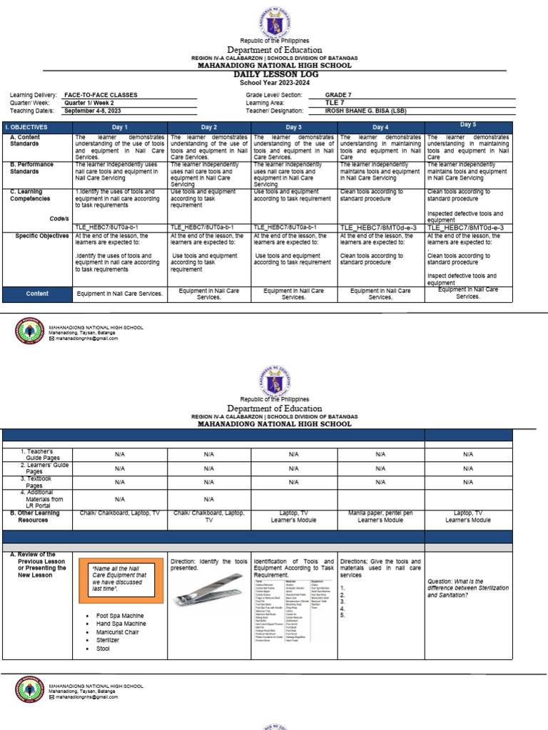 DLL q1 Week2 Tle | PDF | Nail (Anatomy) | Hygiene