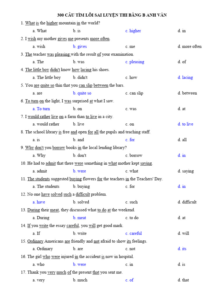 300 Cau Tim Loi Sai Luyen Thi Bang B Anh Van | PDF