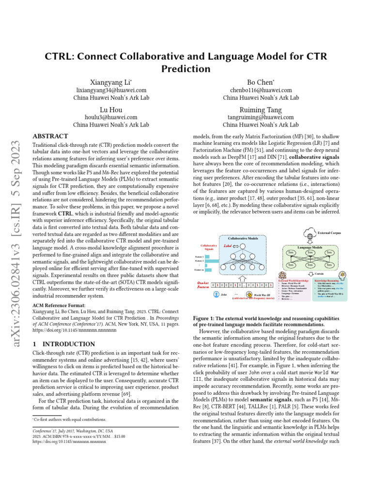 CTRL: Connect Collaborative and Language Model For CTR Prediction | PDF | Information | Machine ...