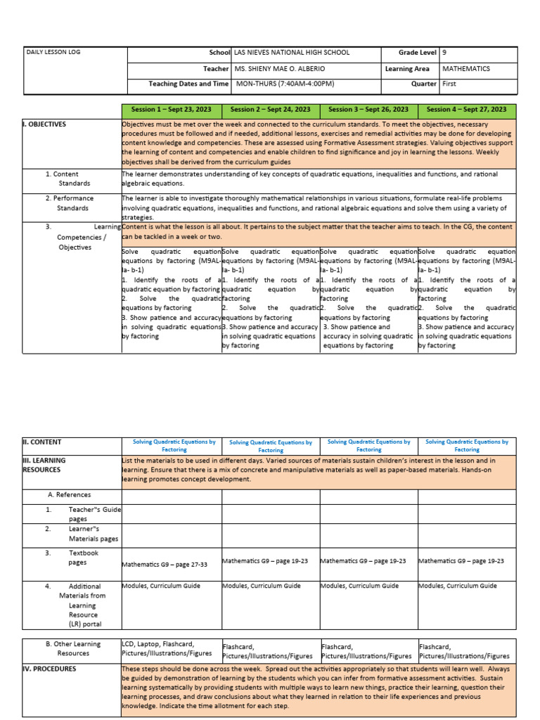 Sept 23 29 Factoring Quadratic Equation Pdf Factorization Quadratic Equation