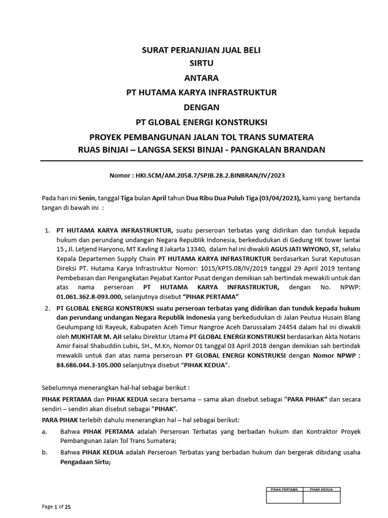 DRAFT SPJB Sirtu - PT Global Energi Konstruksi - Binbran | PDF