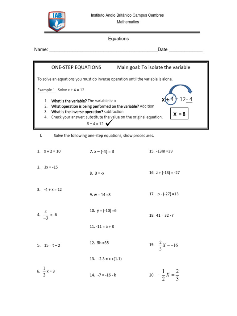 One and Two Step Equations | PDF | Equations | Mathematics