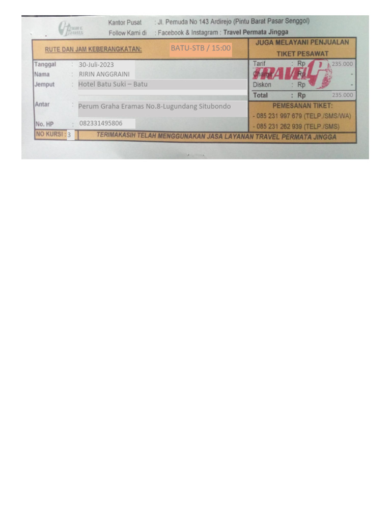 Tiket travel-RIRIN | PDF