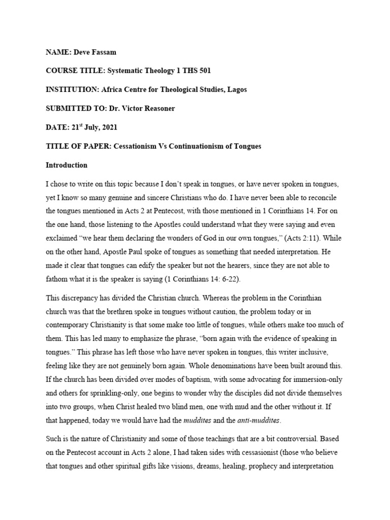 Paper ON CESSATIONISM VS CONTINUATIONISM OF TONGUES | PDF ...