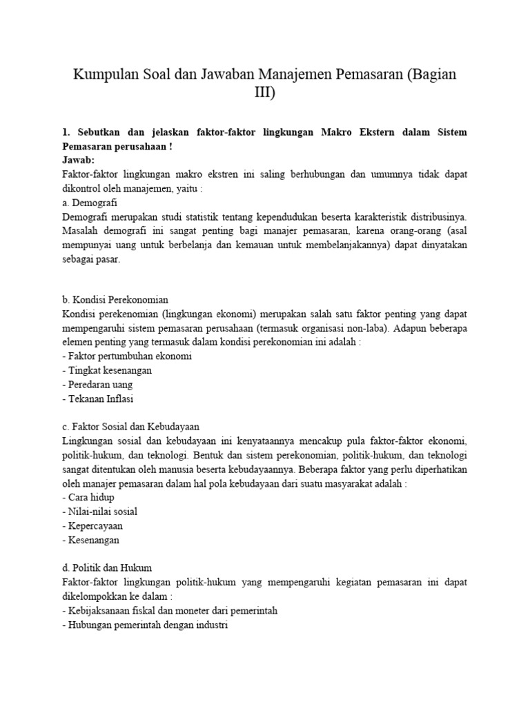 Kumpulan Soal Dan Jawaban Manajemen Pemasaran Bag 3 | PDF