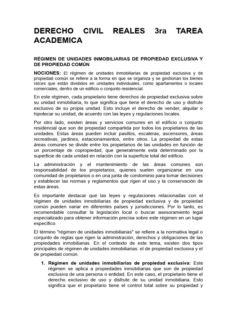 DERECHO CIVIL REALES 3ra TAREA ACADEMICA | PDF | Condominio | Propiedad DERECHO CIVIL REALES 3ra TAREA ACADEMICA | PDF | Condominio | Propiedad