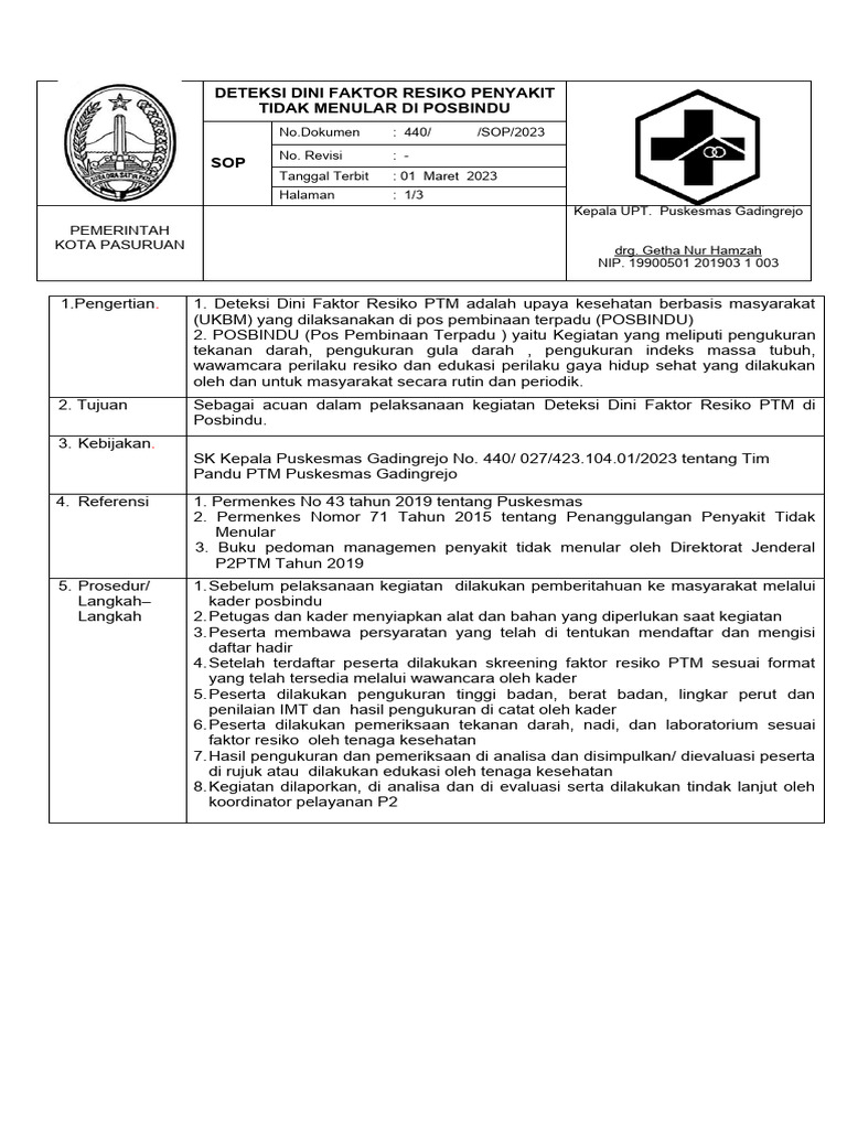 SOP DETEKSI DINI FAKTOR RESIKO PENYAKIT TIDAK MENULAR DI POSBINDU | PDF