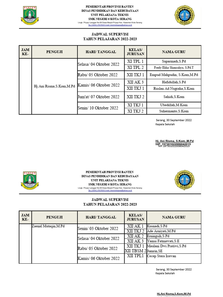 Jadwal Supervisi 2022-2023 New | PDF