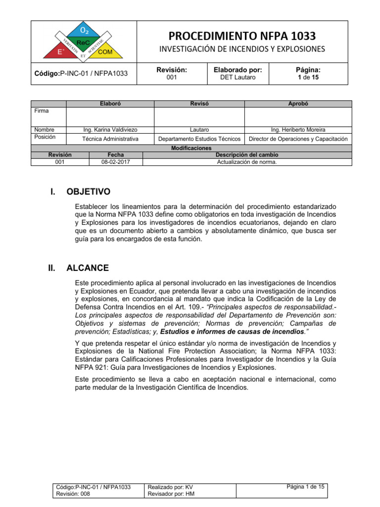 02 Procedimiento NFPA 1033 EC | PDF | Incendios | Evaluación