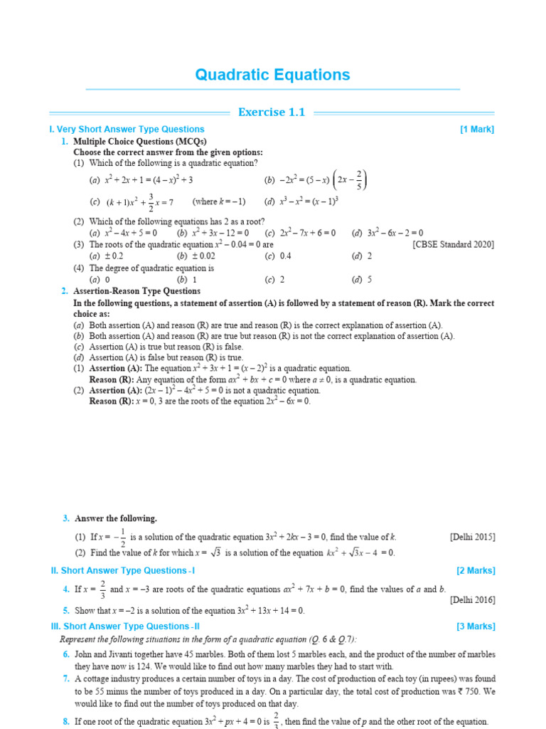 Class 10 MCQS Maths Chapter Quadratic Equations | PDF