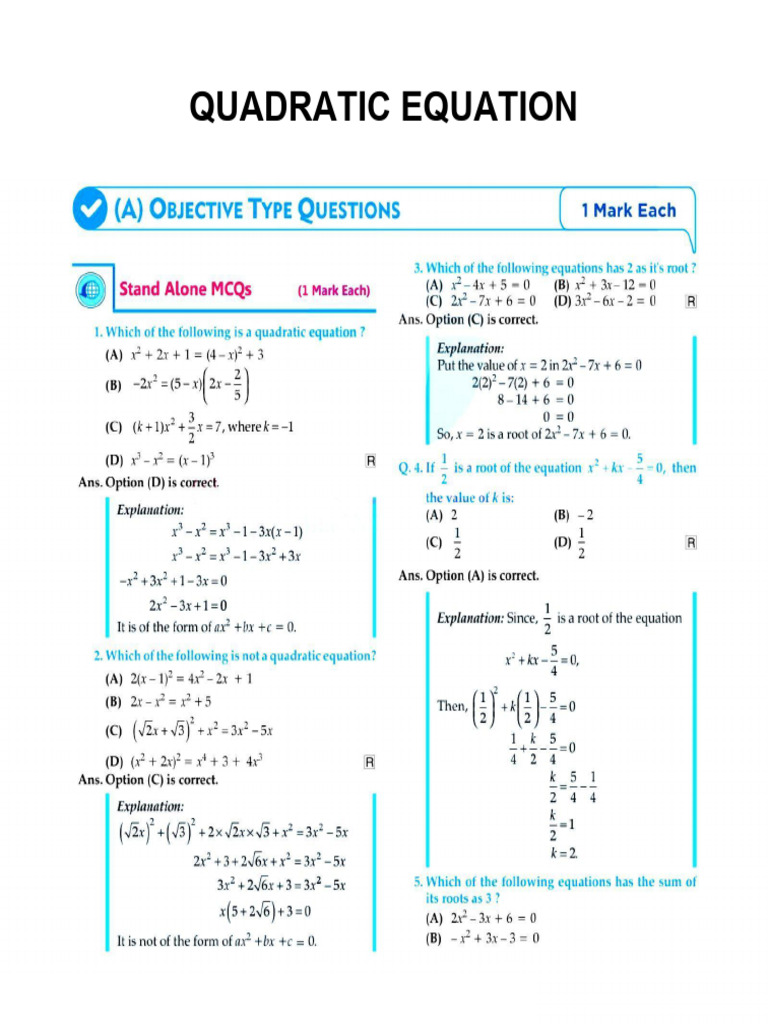 Class 10 Mcqs Maths Chapter Quadratic Equation | PDF | Teachers | Textbook