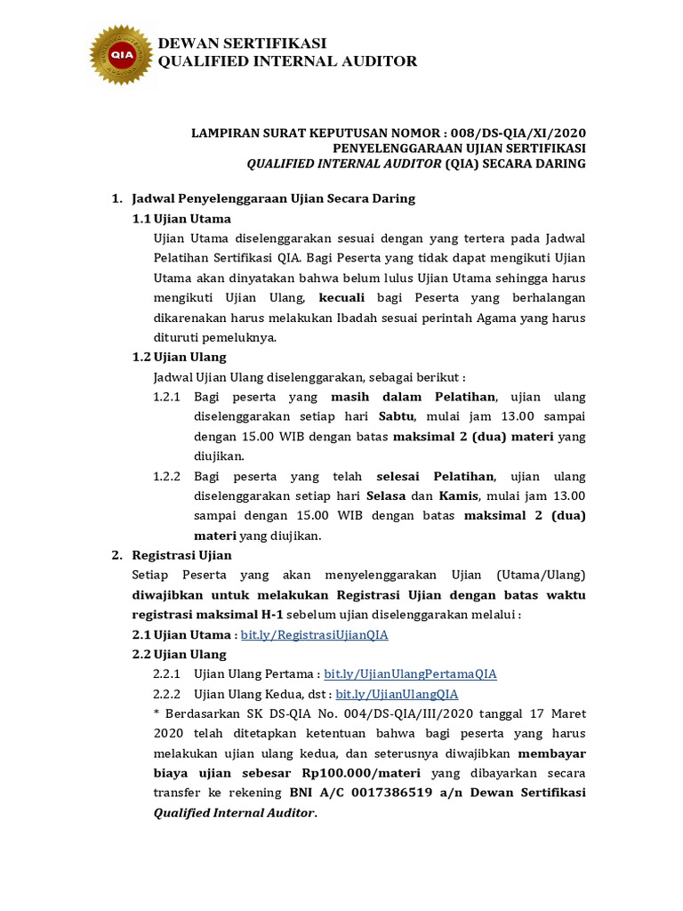 Lampiran SK No. 008 TTG Penyelenggaraan Ujian Sertifikasi QIA Secara Daring | PDF