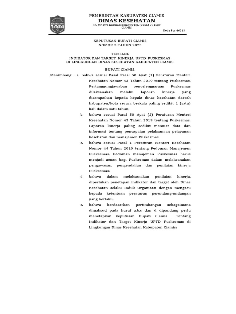 SK Kadis Indikator Dan Target Kinerja Puskesmas | PDF