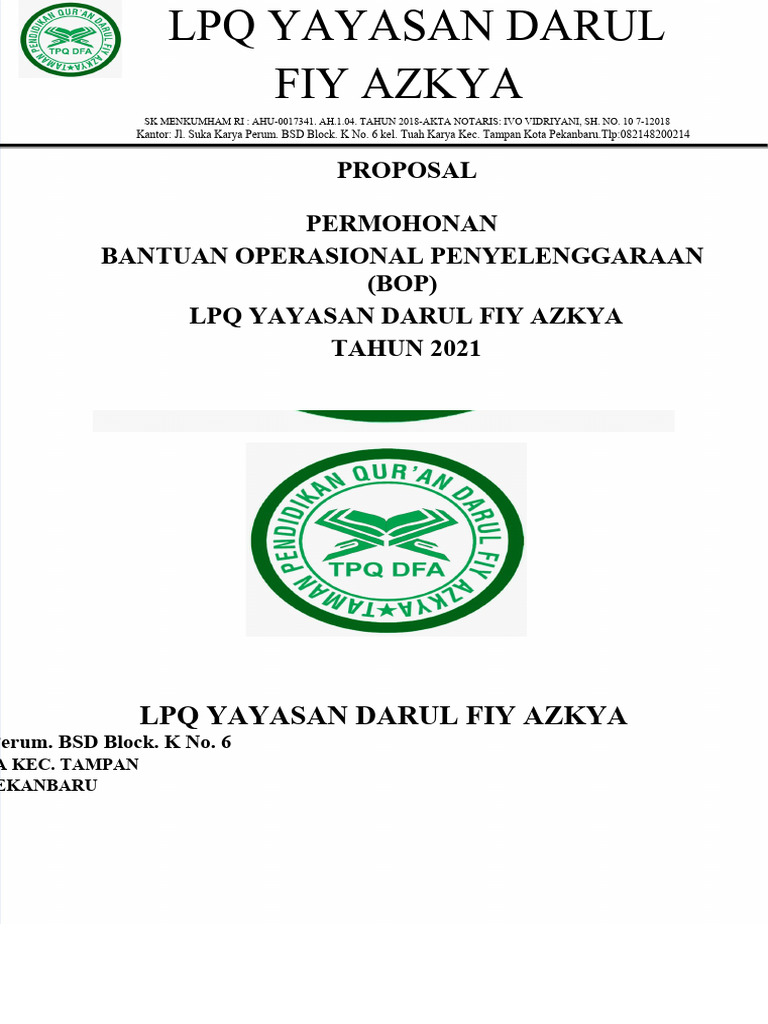 Proposal BOP LPQ Darul Fiy Azkya 2021 | PDF
